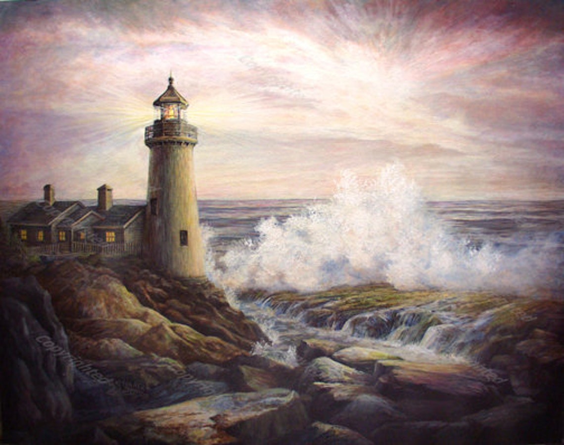 Lighthouse Scene Crashing Waves Lighthouse Print Rocks | Etsy