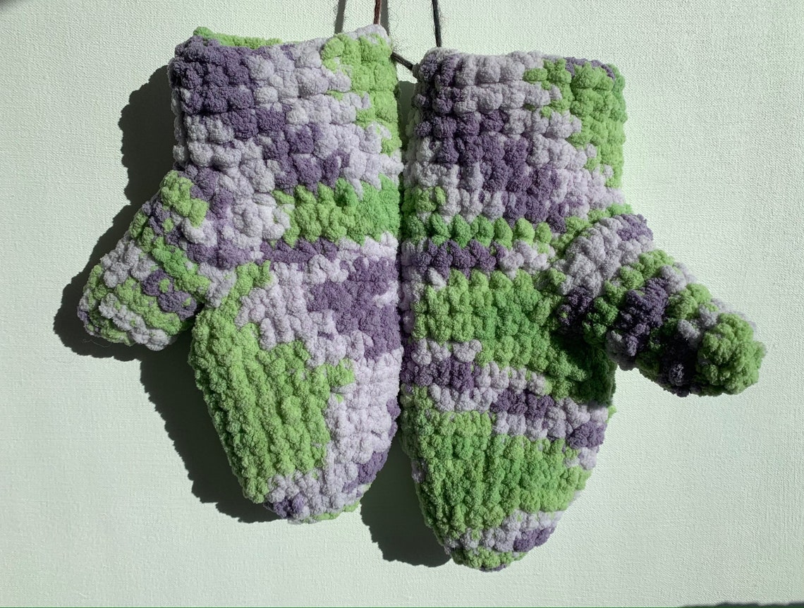 Fuzzy Hand Crocheted Mittens, Light Purple and Green, Warm Knit Mittens ...
