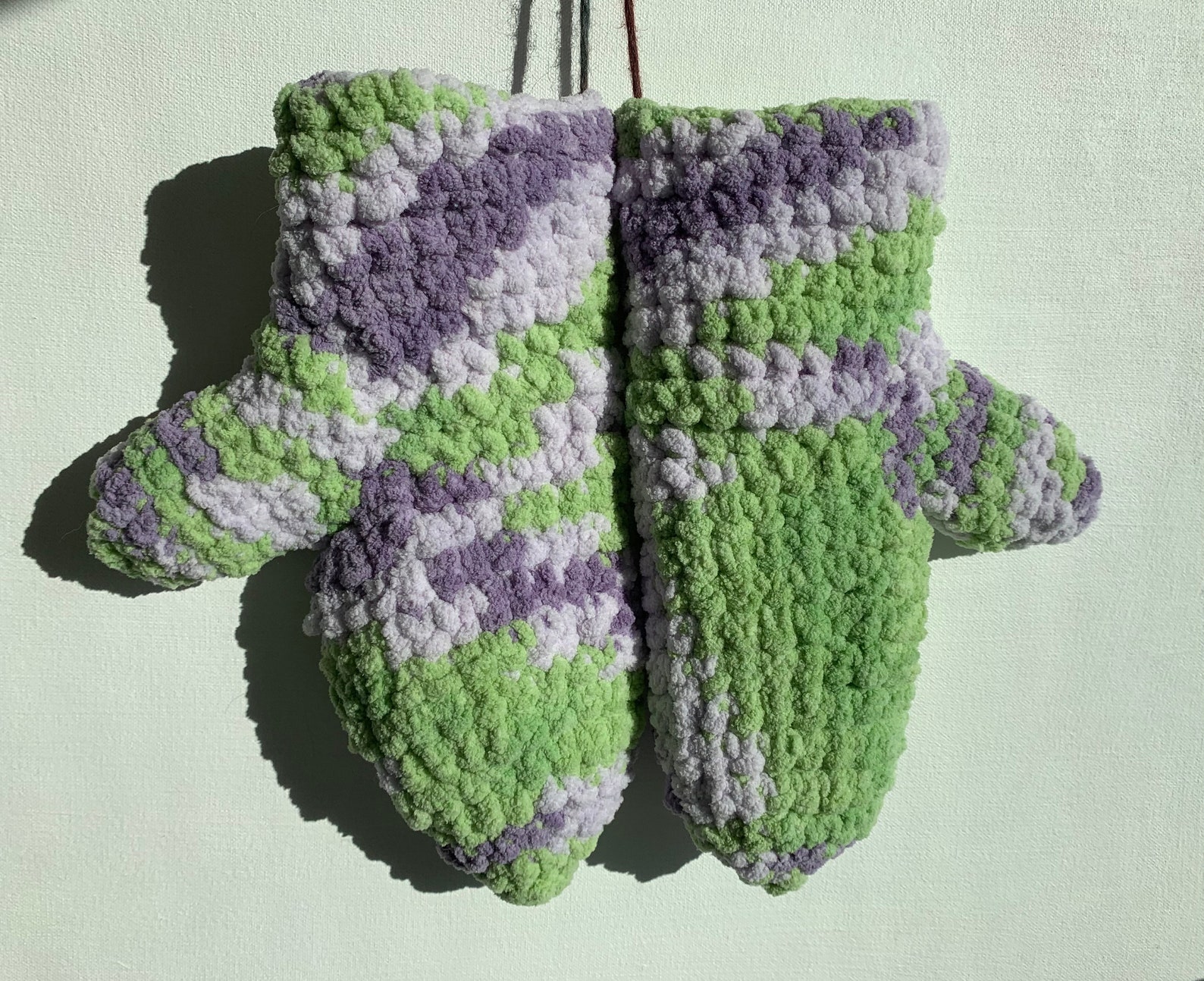 Fuzzy Hand Crocheted Mittens, Light Purple and Green, Warm Knit Mittens ...