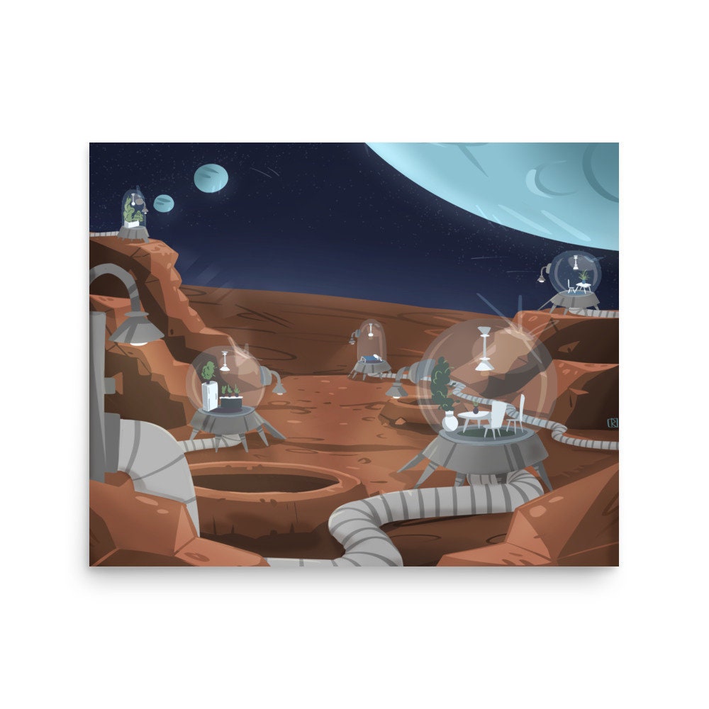 Space Colony Poster Print Outer Space Mars Prints Hand-drawn Digitally ...
