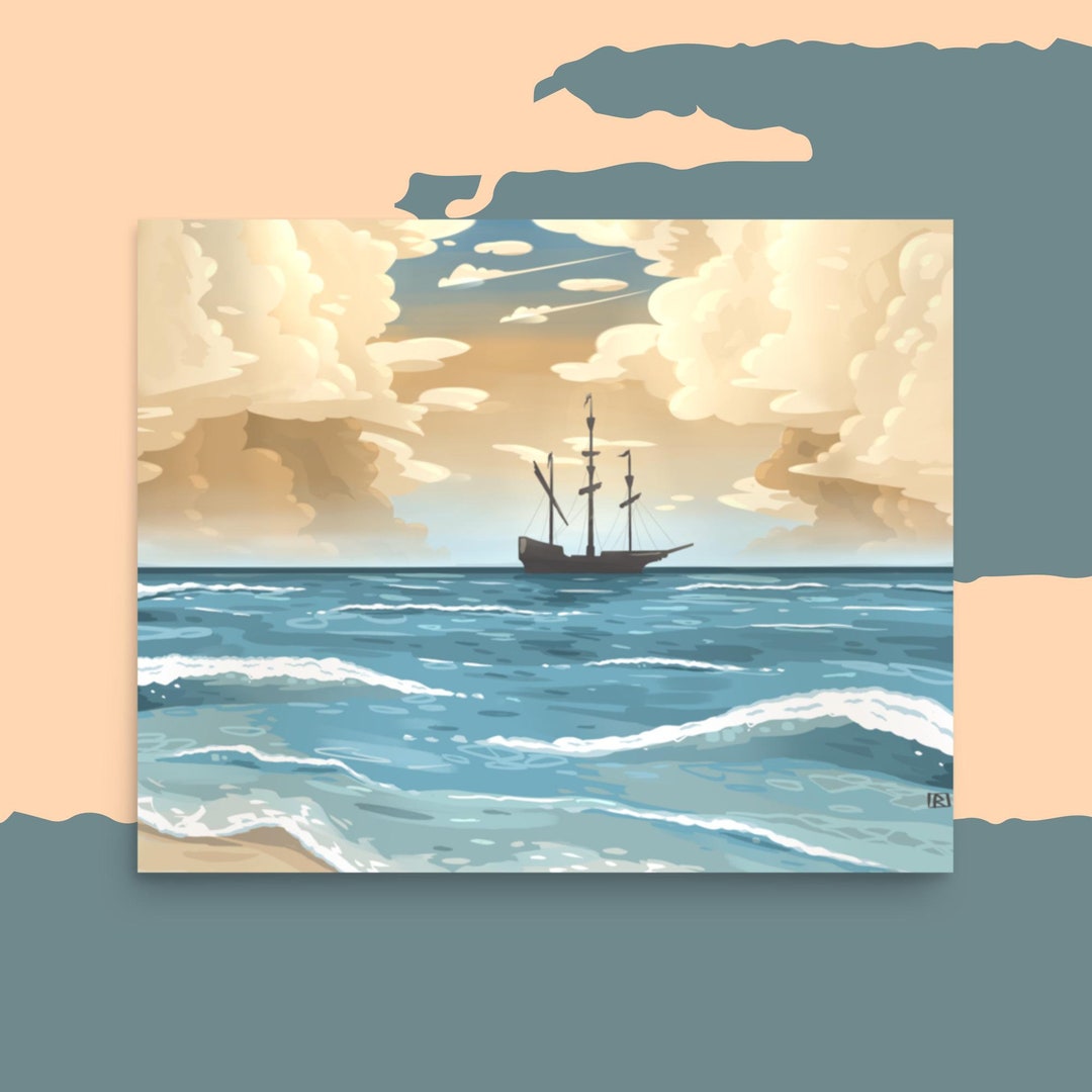 Tall Ship Sunrise Scene Poster Print Sailing Pirate Prints Hand-drawn ...