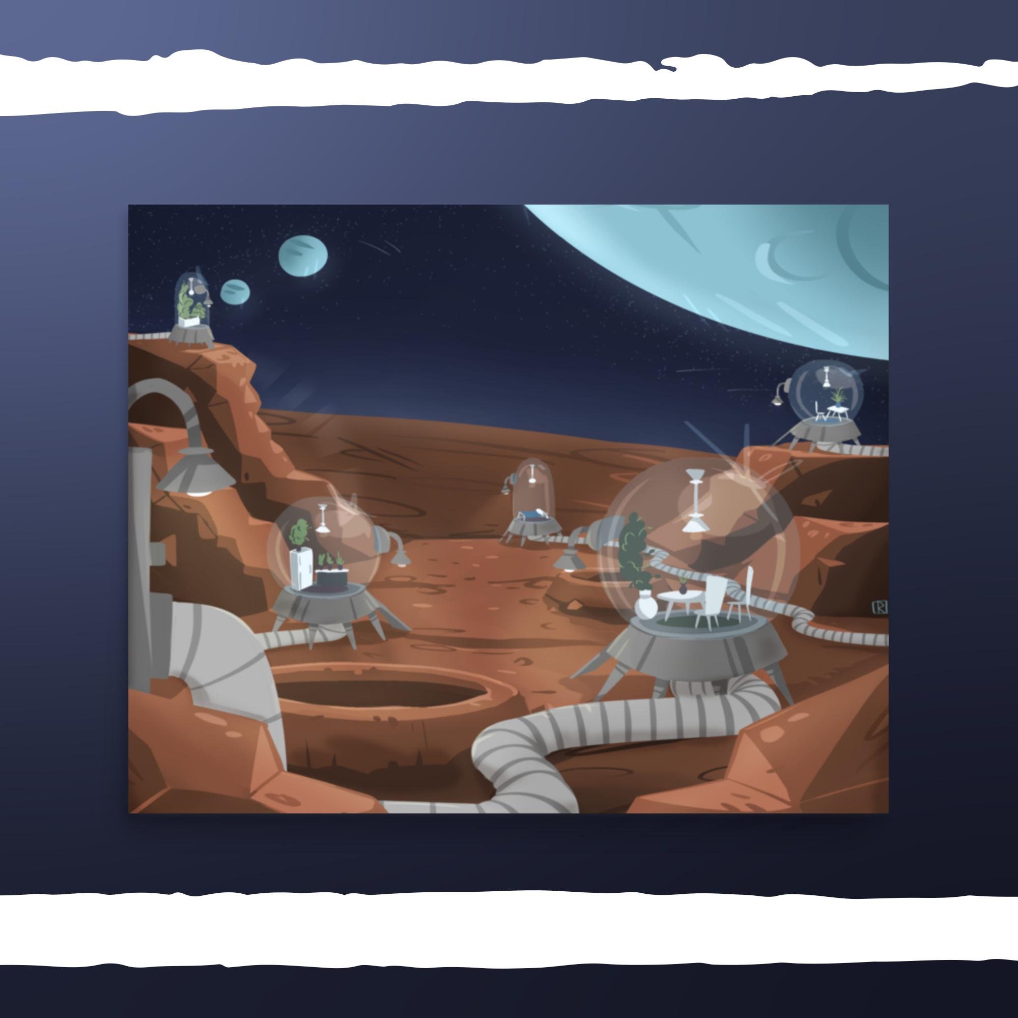 Space Colony Poster Print Outer Space Mars Prints Hand-drawn Digitally ...
