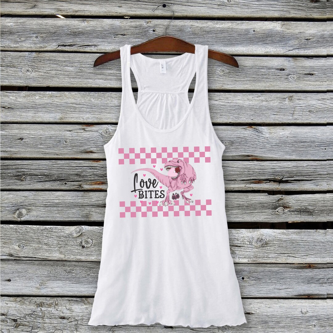 T-rex "love Bites" Pink Retro Checkers Women's White Racerback Tank Top ...