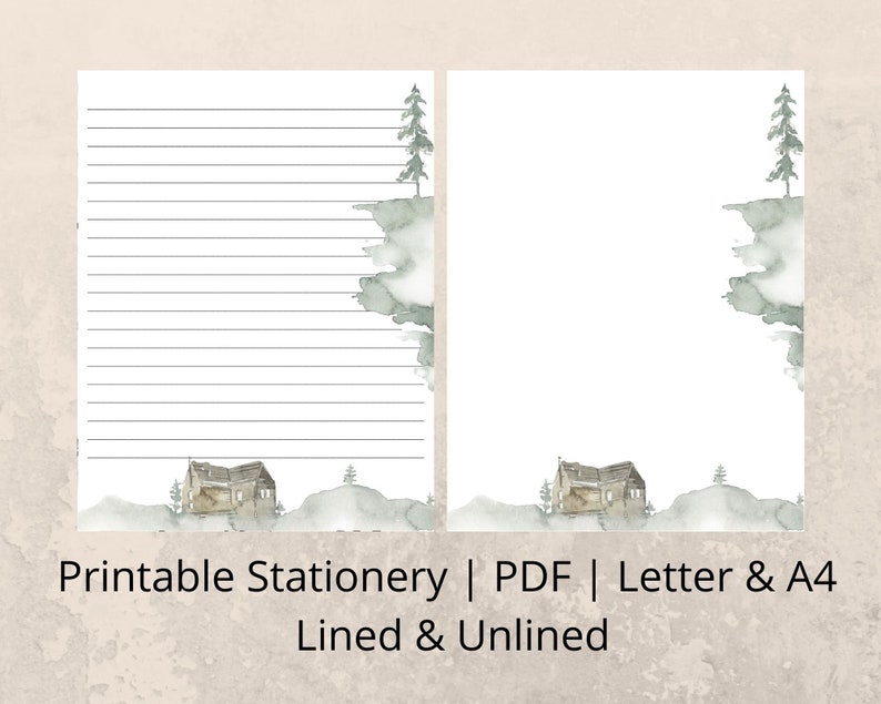 Mountain Cabin Watercolor Printable Stationery | Instant Digital ...
