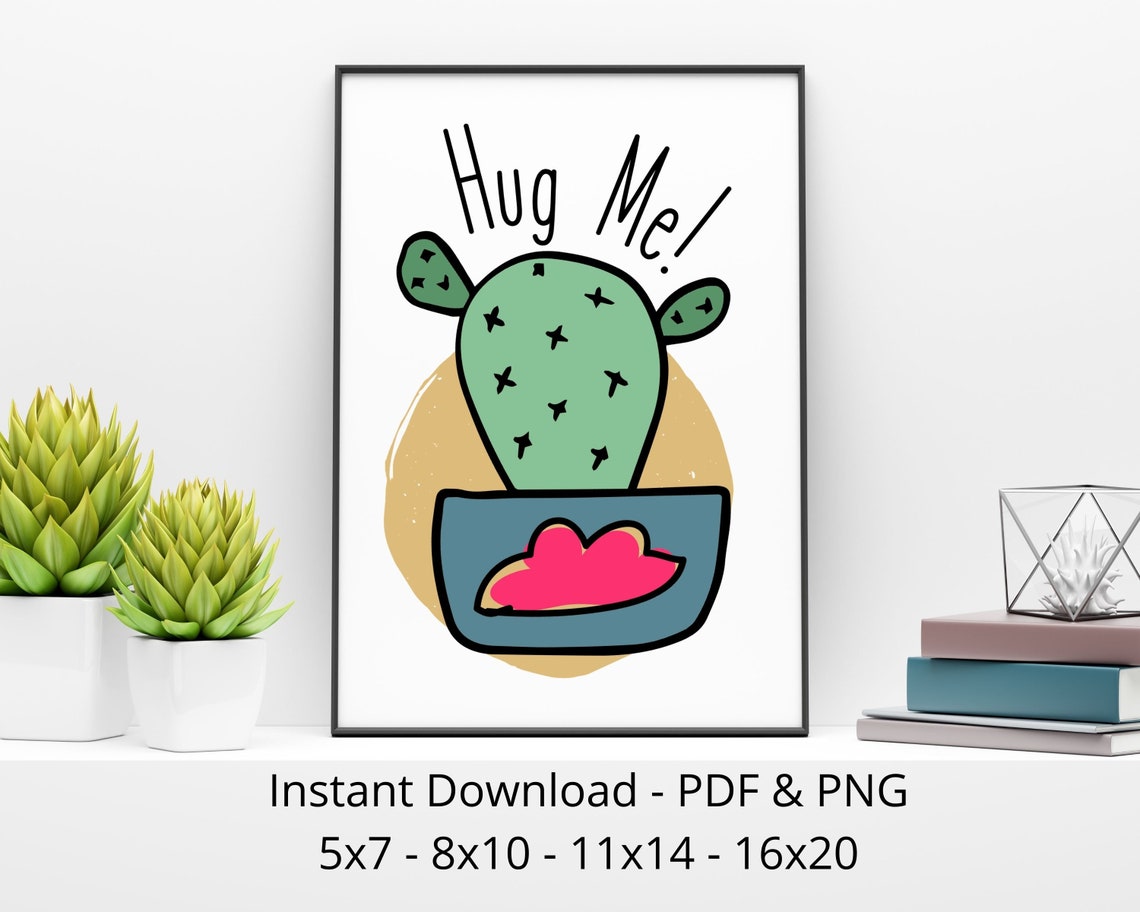 Hug Me Cactus Colorful Wall Art Instant PDF & PNG Digital Download 4 ...