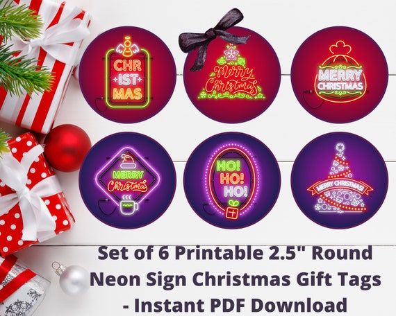 Neon Light Christmas Round Printable Gift Tags Set of 6 - Etsy