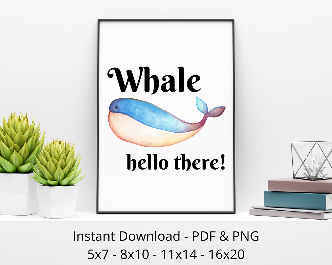 Whale Hello There Watercolor Animal Print Instant PDF PNG Digital ...