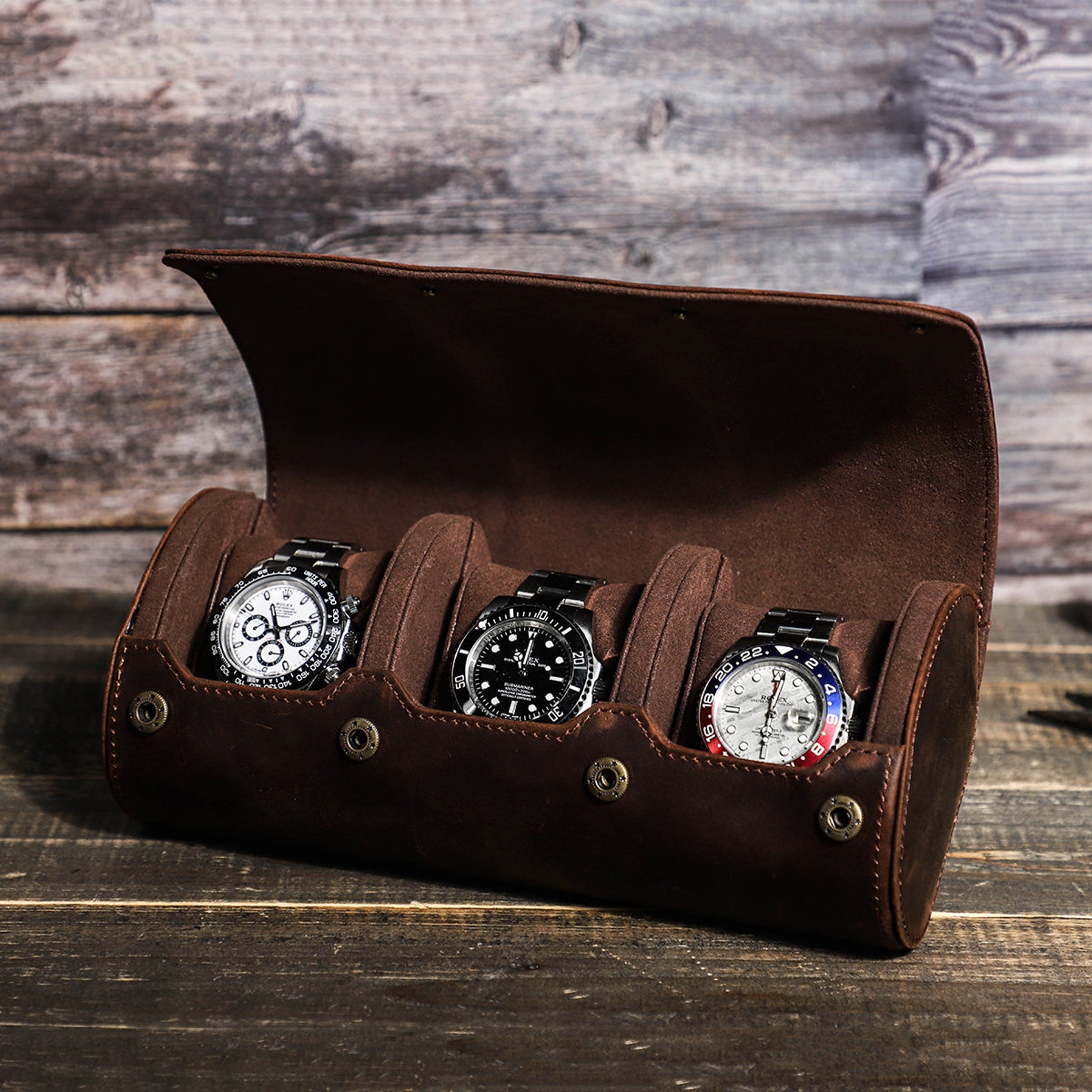 Personalized Leather Watch Roll Box, Crazy Horse Brown Leather, 3-watch ...