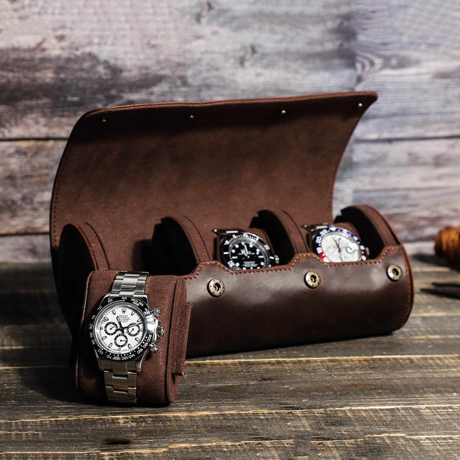 Personalized Leather Watch Roll Box, Crazy Horse Brown Leather, 3-watch ...
