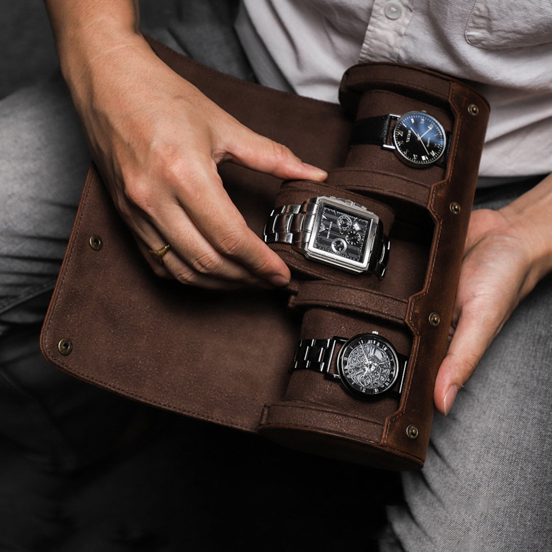Personalized Leather Watch Roll Box, Crazy Horse Brown Leather, 3-watch ...