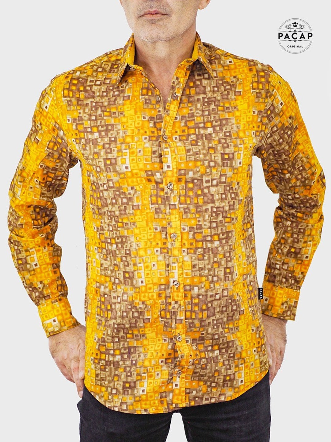 Men's Vintage Orange Shirt Cotton Fancy Print Brown Checks - MIKAIL ...