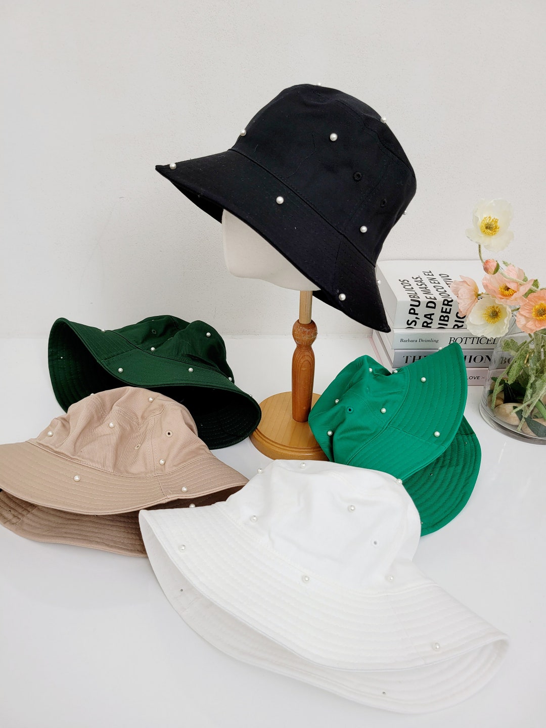100% Cotton Bucket Hat With Pearl, Adjustable Cotton Bucket Hat Basic ...
