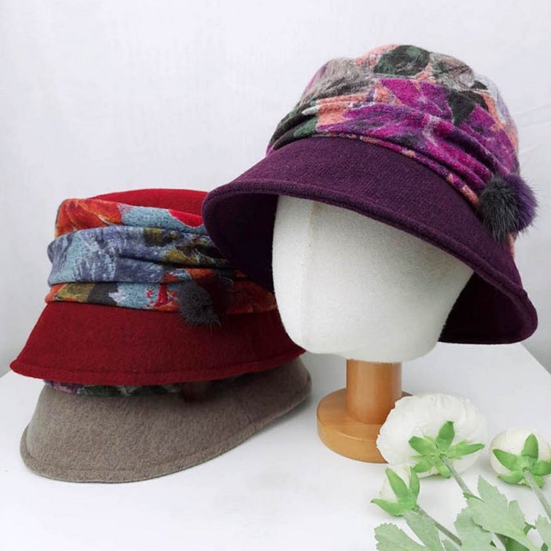 Women's Winter Bungee Bucket Hat Stitched Wool Flower Fall Winter Hat ...