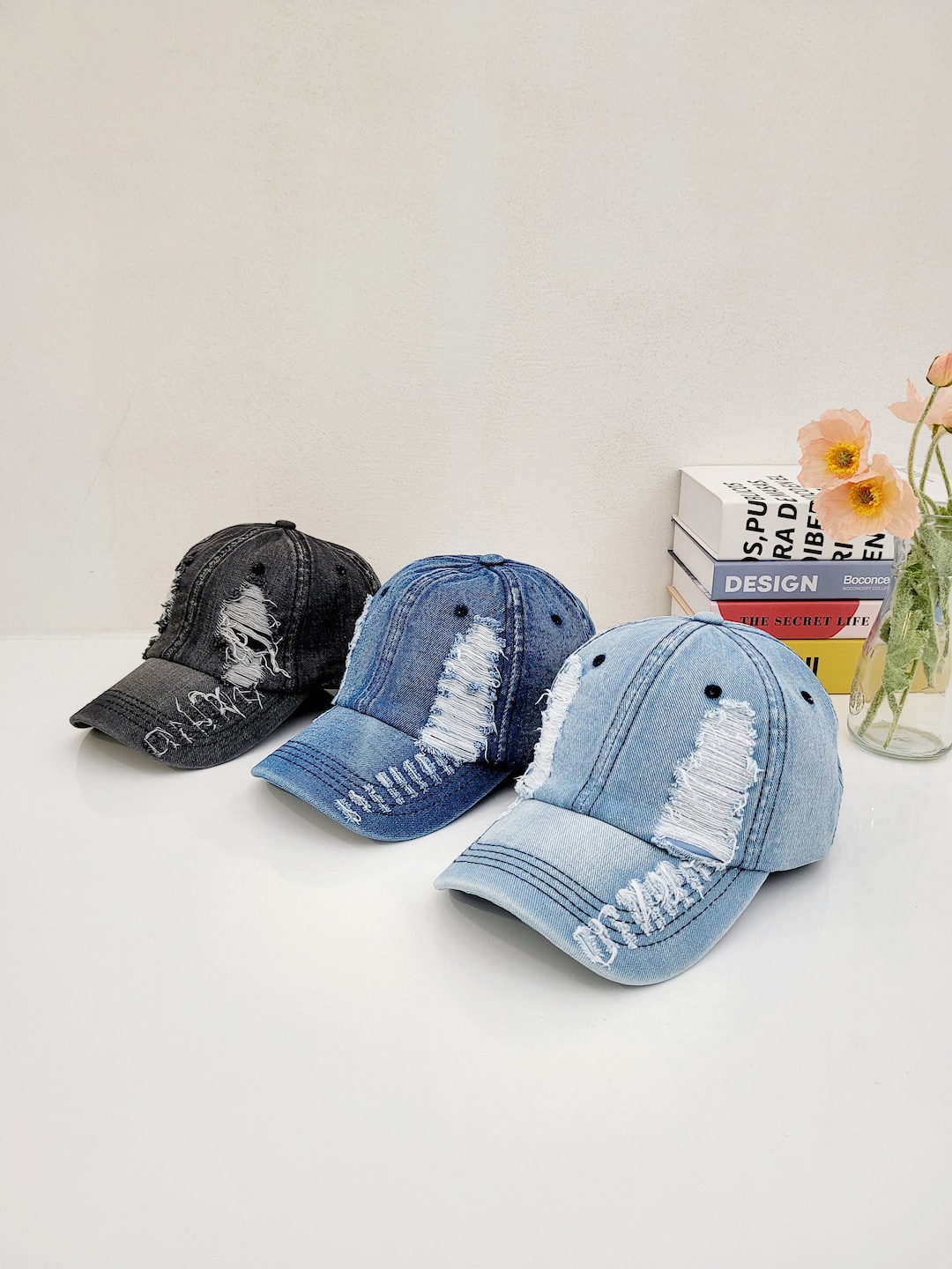Distressed Denim Baseball Cap, Ripped Jeans Denim Hat, Distressed Jean ...