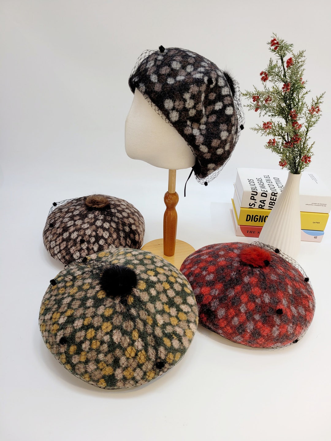 Women's Fall Winter Wool Beret With Lace, Multi Color Wool Beret ...