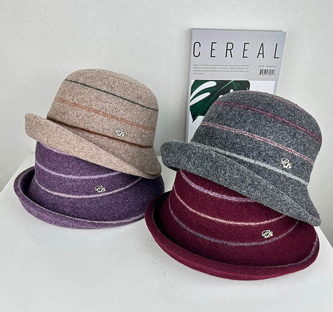 Womens 100% Wool Bucket Hat, Womens Stripe Wool Bucket Hat for Cold ...