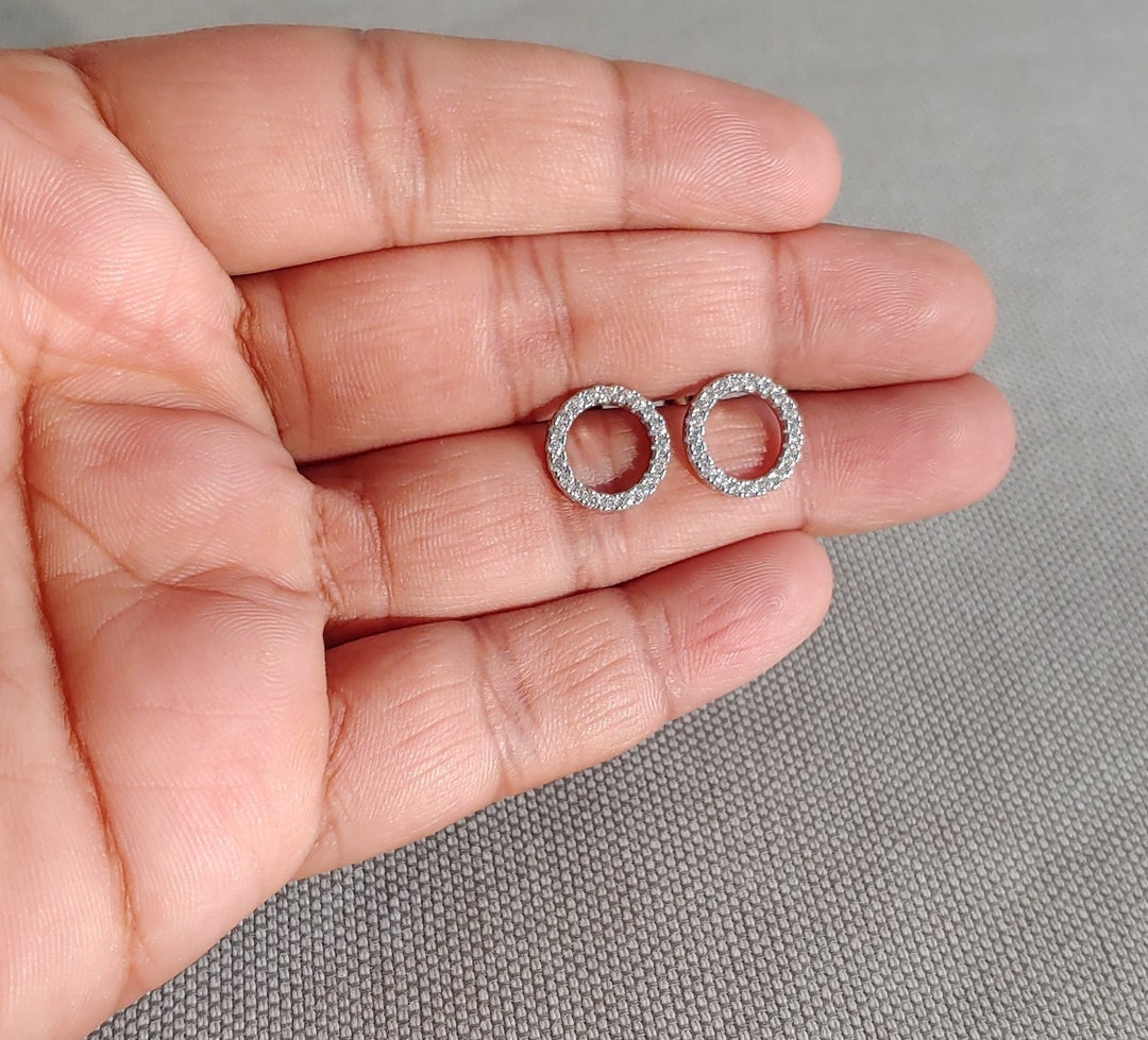 Diamond Circle Studs, Halo Open Circle Studs, CZ Diamond Circle Earrings in Sterling Silver ...