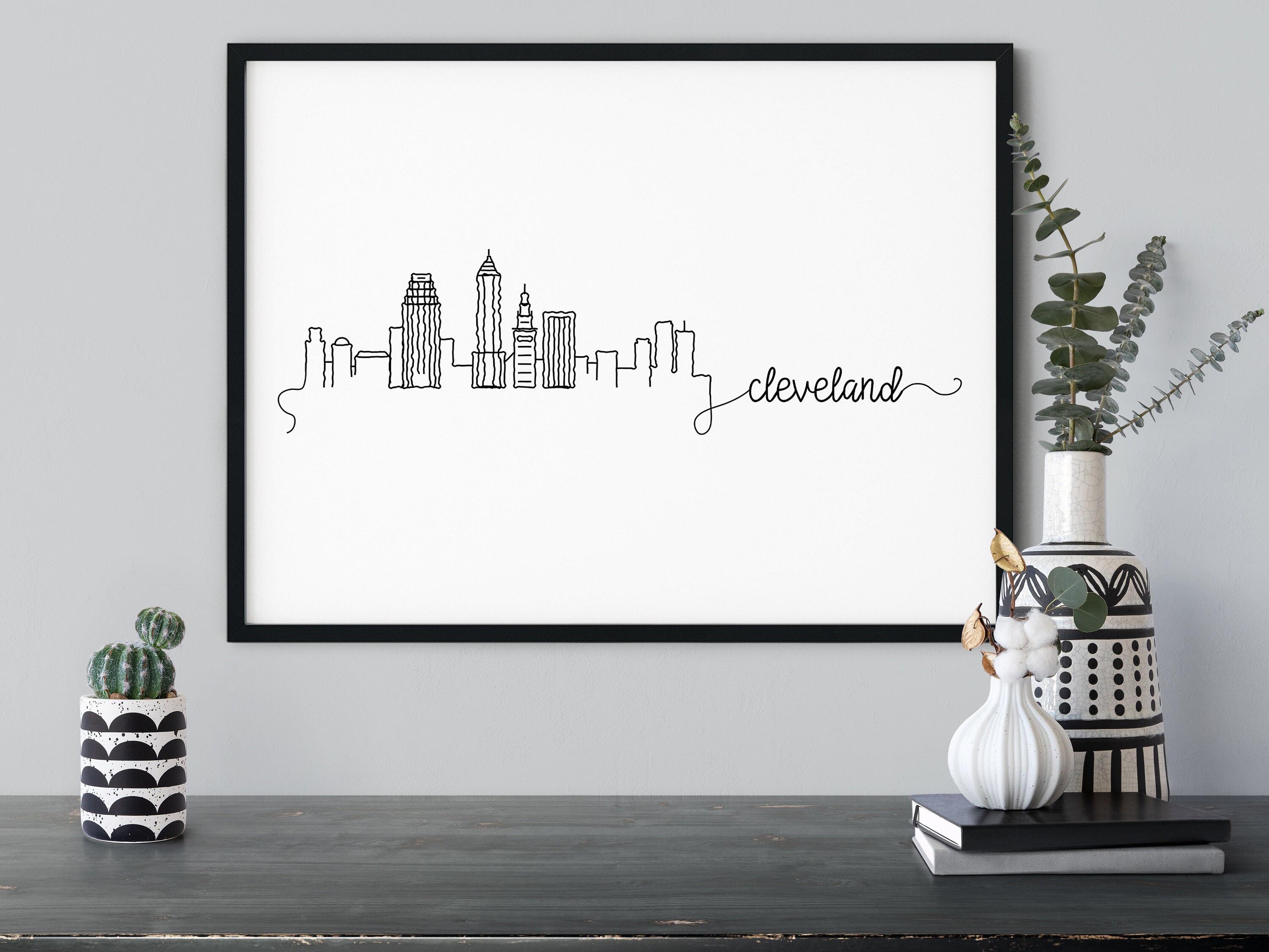 Cleveland Skyline Print, Ohio Printable Wall Decor, Cleveland Pen Line ...