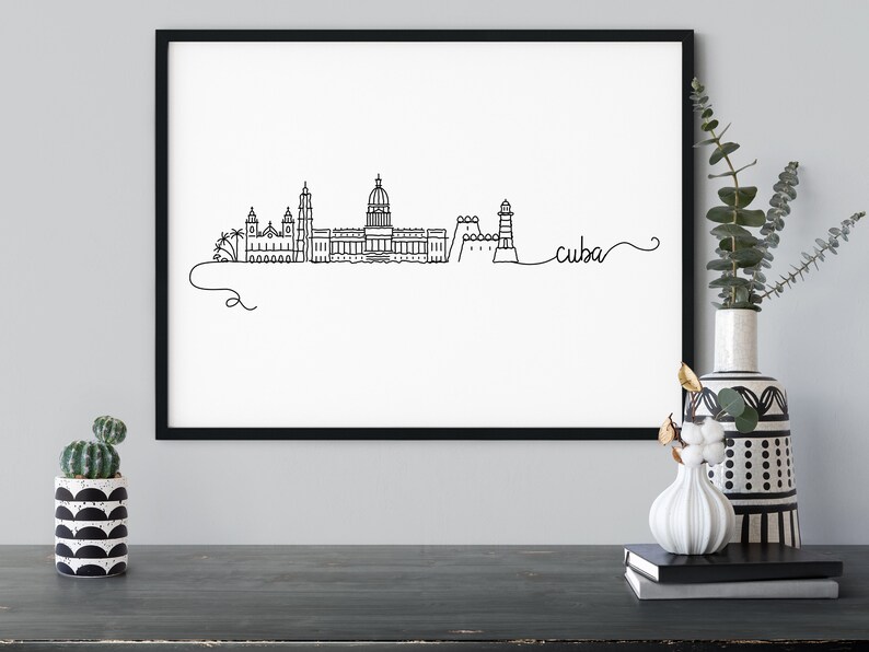 Cuba Skyline Print, Havana Printable Wall Decor, Cuba Pen Line Print ...
