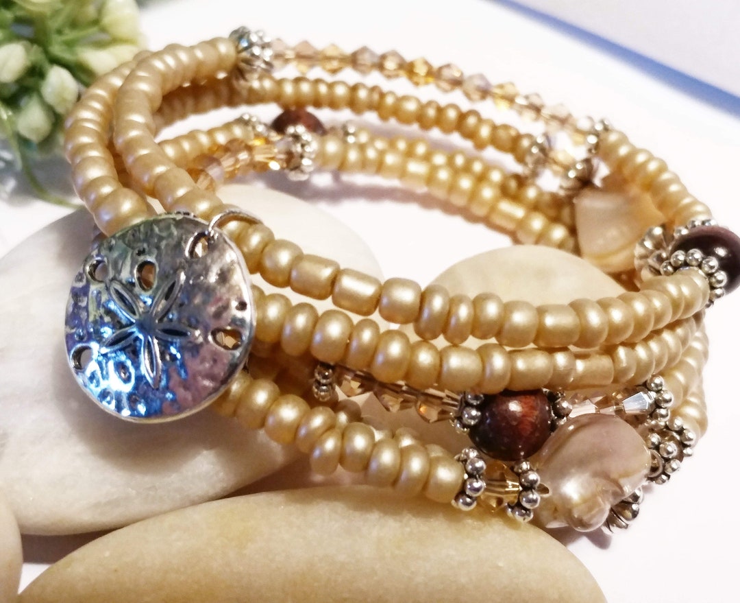Sand Dollar Beaded Wrap Bracelet Beach Ocean Glass Beads Jewelry ...