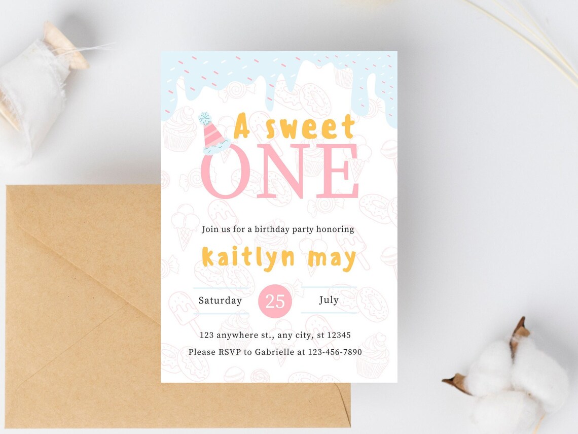 Sweet One First Birthday Party Invitations Printable Candy Pastel Donut ...