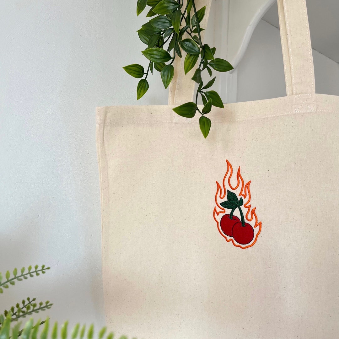 Cherry Bomb Embroidered Tote Bag Handmade Gift Reusable Bag Sustainable ...