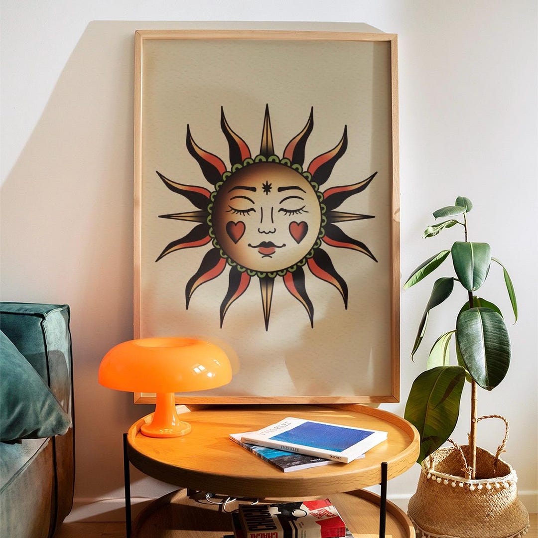 Whimsical Sun Traditional Tattoo Print Poster, Living Room Wall Print ...
