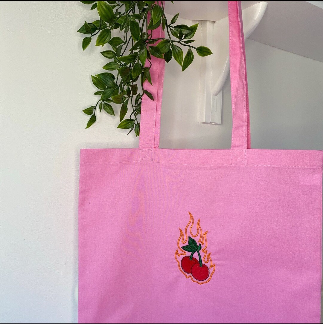 Cherry Bomb Embroidered Tote Bag Handmade Gift Reusable Bag Sustainable ...