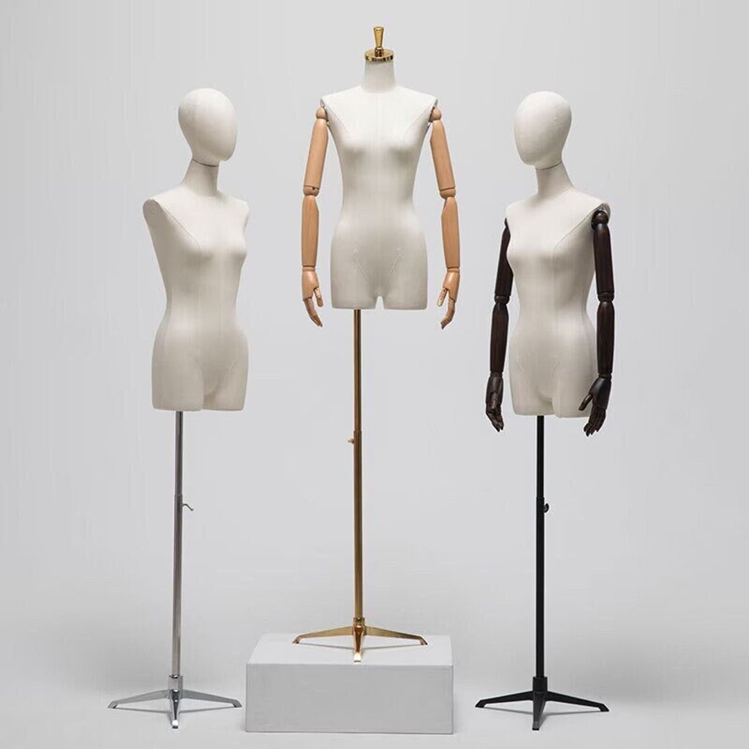 Adjustable Black Tripod Base Natural Linen Female Mannequin Dress Form ...