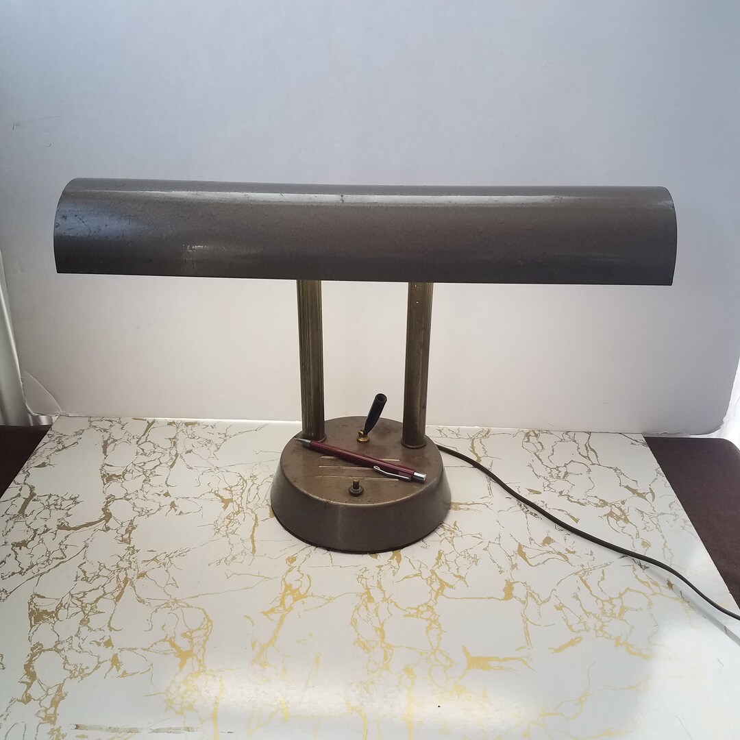 Vintage 1950's Industrial Desk Lamp With Pen Holder, Metal 2 Column ...