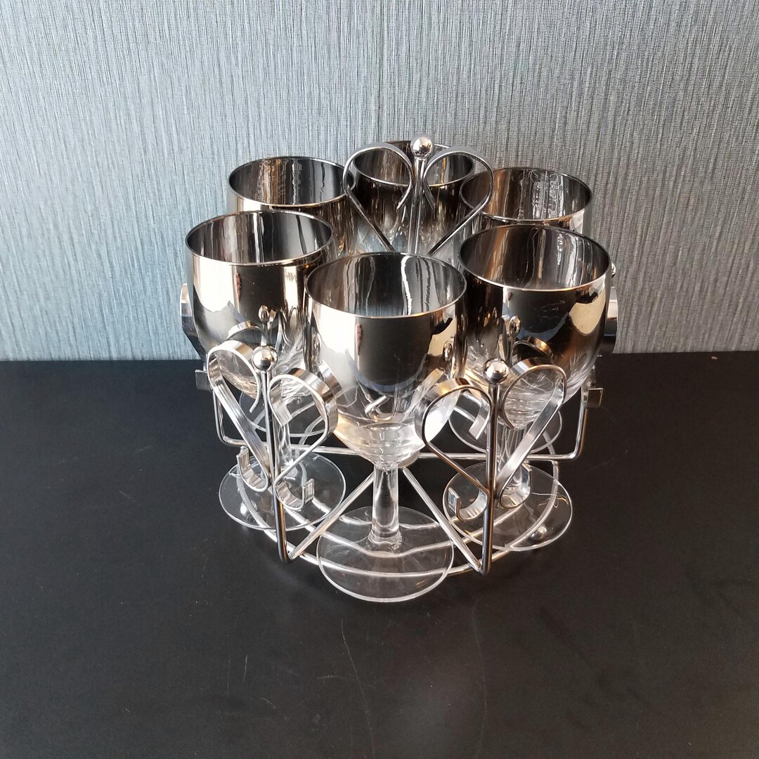 Vintage Queens Lusterware Wine Glass Set With Caddy, Set of 6 Silver ...