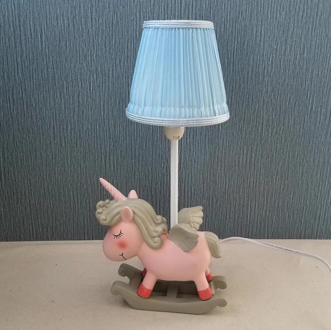Pink Unicorn Nursery Room Lamp With Blue Shade, Dimable Nursery Lamp ...
