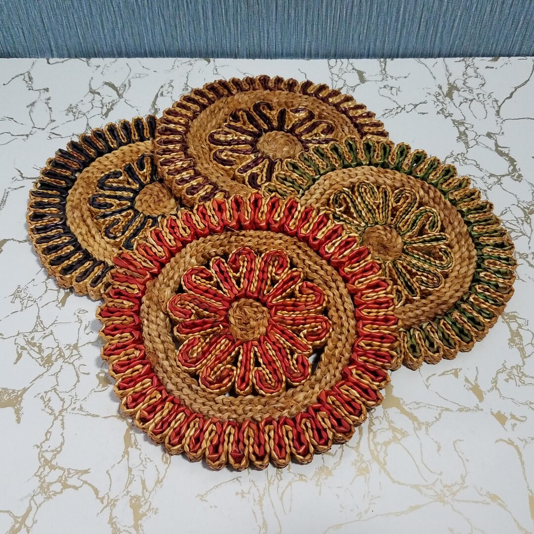 Set of 4, Retro 70's Rattan Trivets, 70's Wall Decor, Woven Trivets ...