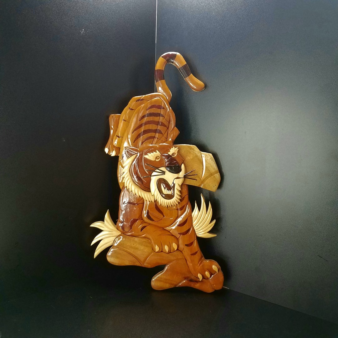Intarsia Tiger Inlaid Wood Tiger Wall Art Carved Tiger - Etsy
