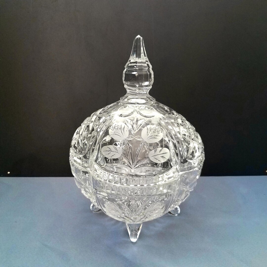 Vintage Lead Crystal Covered Candy Dish With Etched Rose Design, Footed ...
