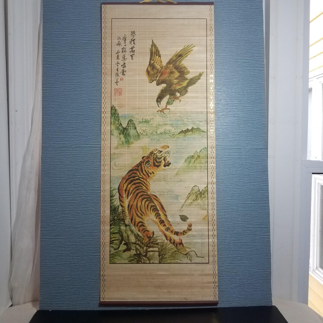 Vintage Japanese Bamboo Scroll Wall Art, Falcon and Tiger on Bamboo ...