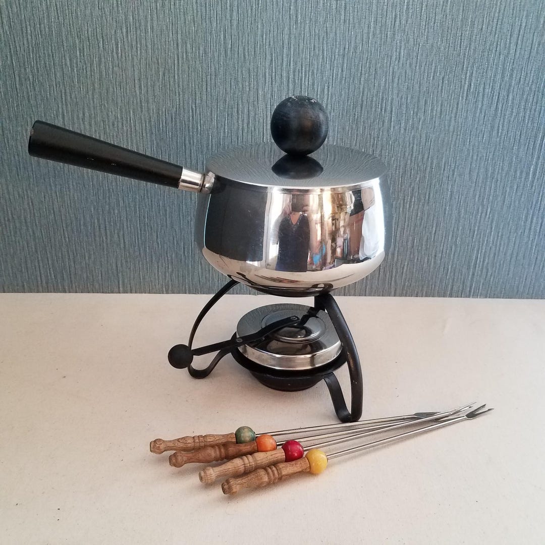 Vintage Stainless Steel Fondue Pot Set, Gel Fuel Fondue Pot. 1.5 Quarts ...