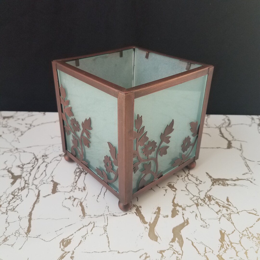 Square Frosted Glass Votive Holder, Cutout Copper and Light Green ...