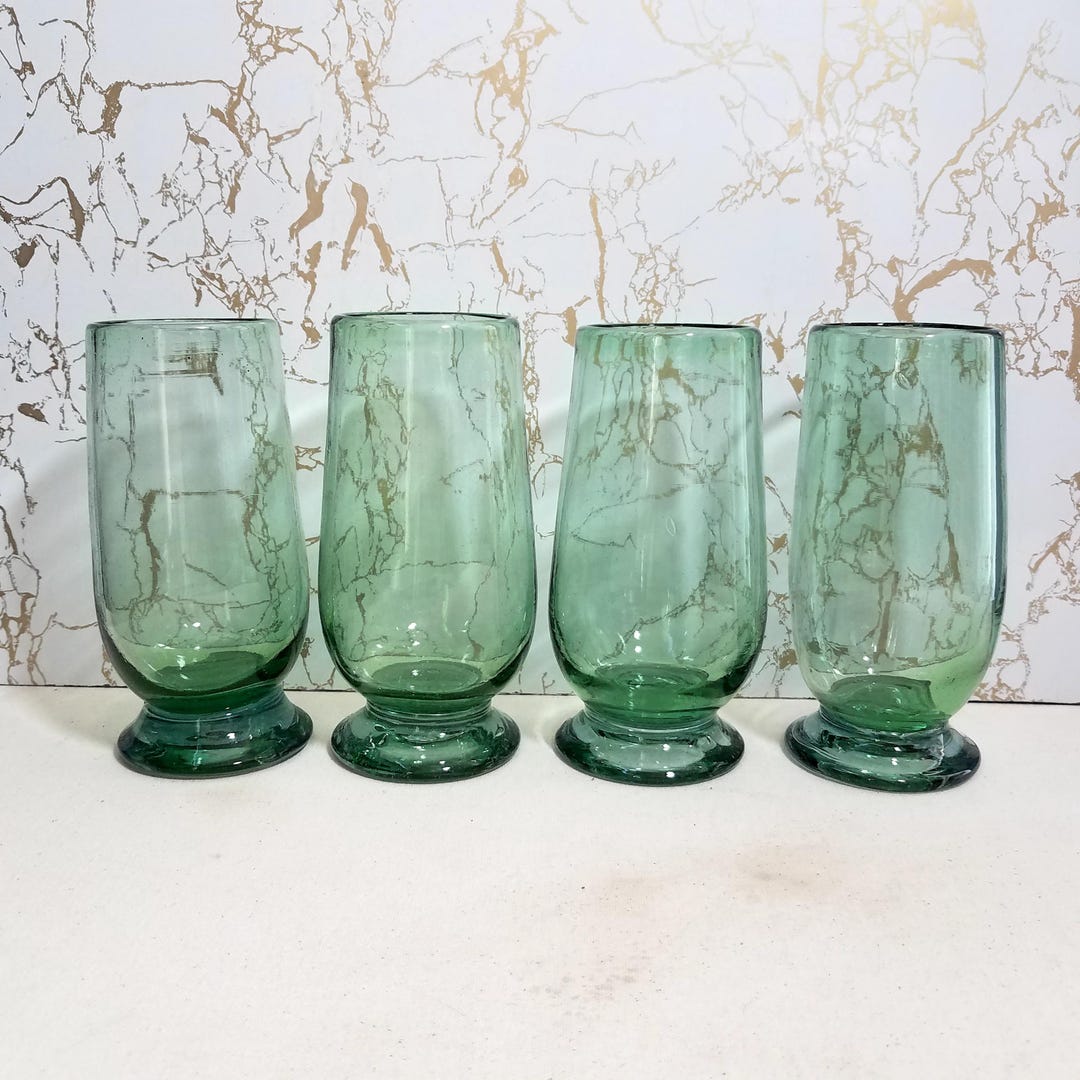 Set of 4, Vintage Handblown Green Glass Pedestal Tumblers, 22 Ounce ...