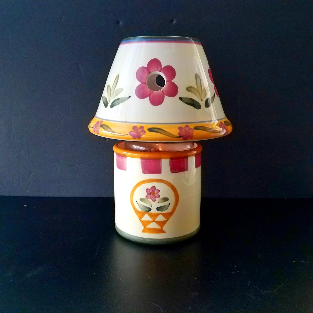 Pretty Painted Flower Jar Candle Shade With Base, 2 Piece Ceramic ...