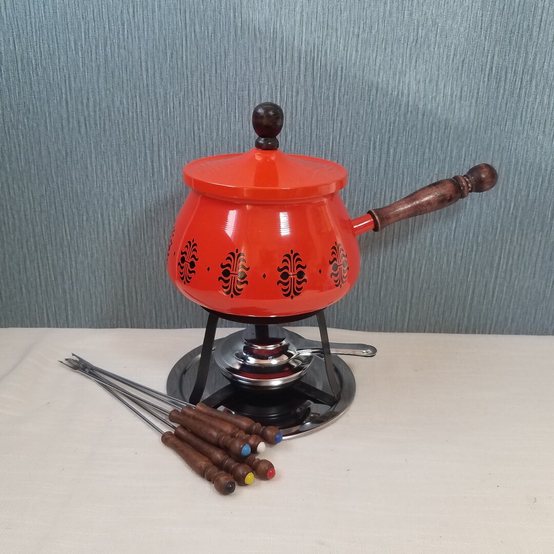 Retro Vintage Orange Aluminum Fondue Set, 70's Fondue Pot, Alcohol ...