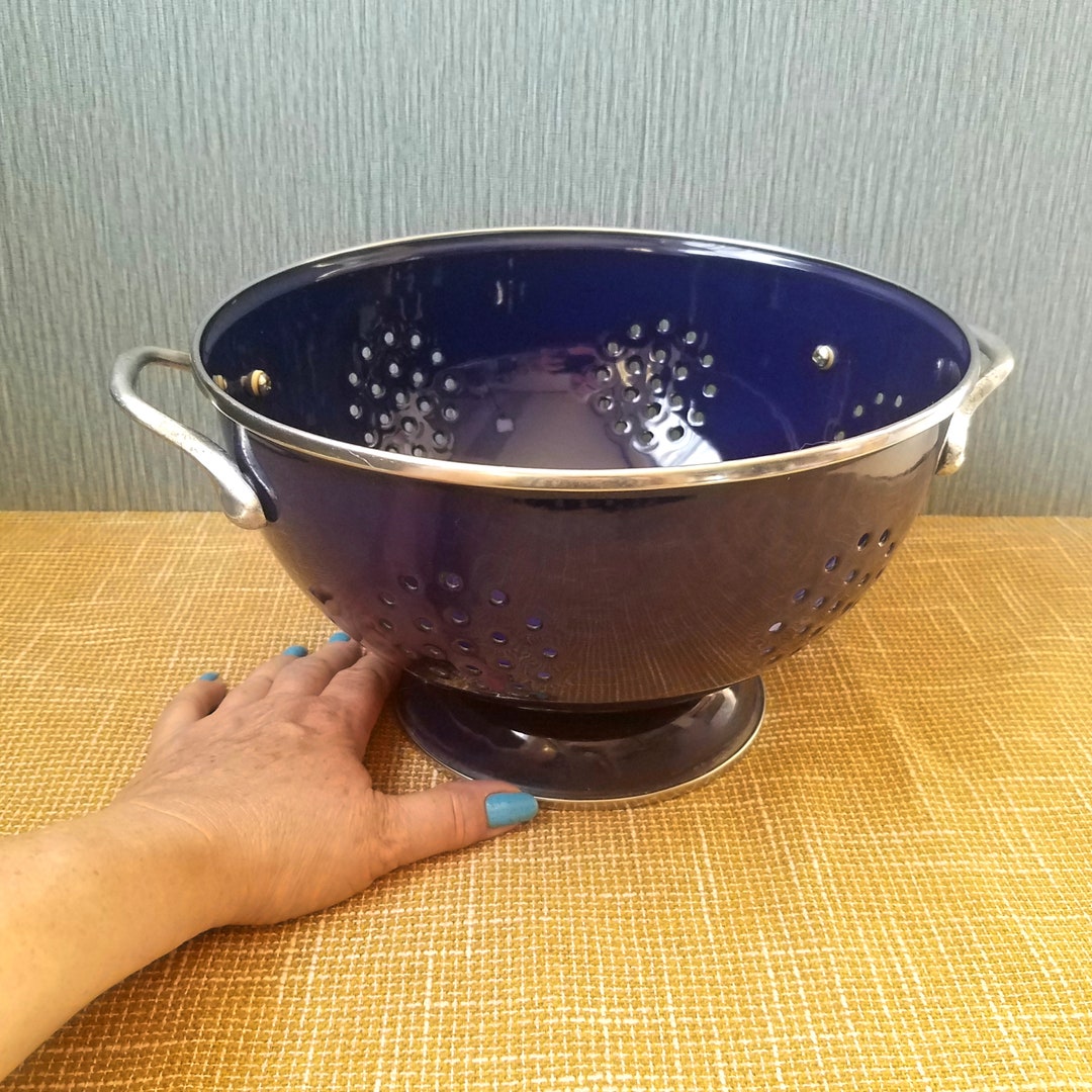 Heavy Cobalt Blue Enamelware Colander, Large Steel Enamel Ware Strainer ...