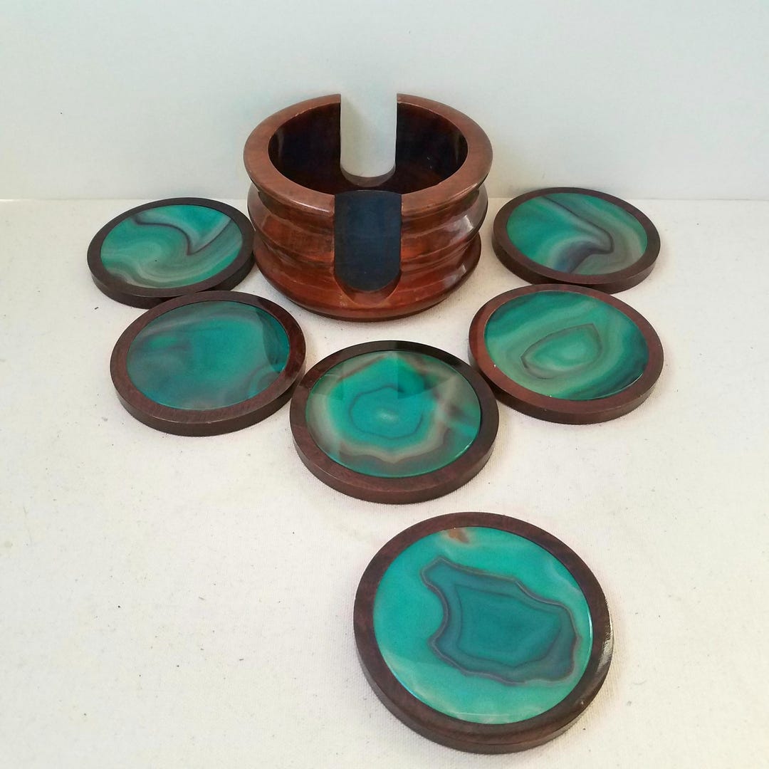 Vintage Brazil Wood and Stone Agate Coaster Set, 6 Agate Coasters in ...