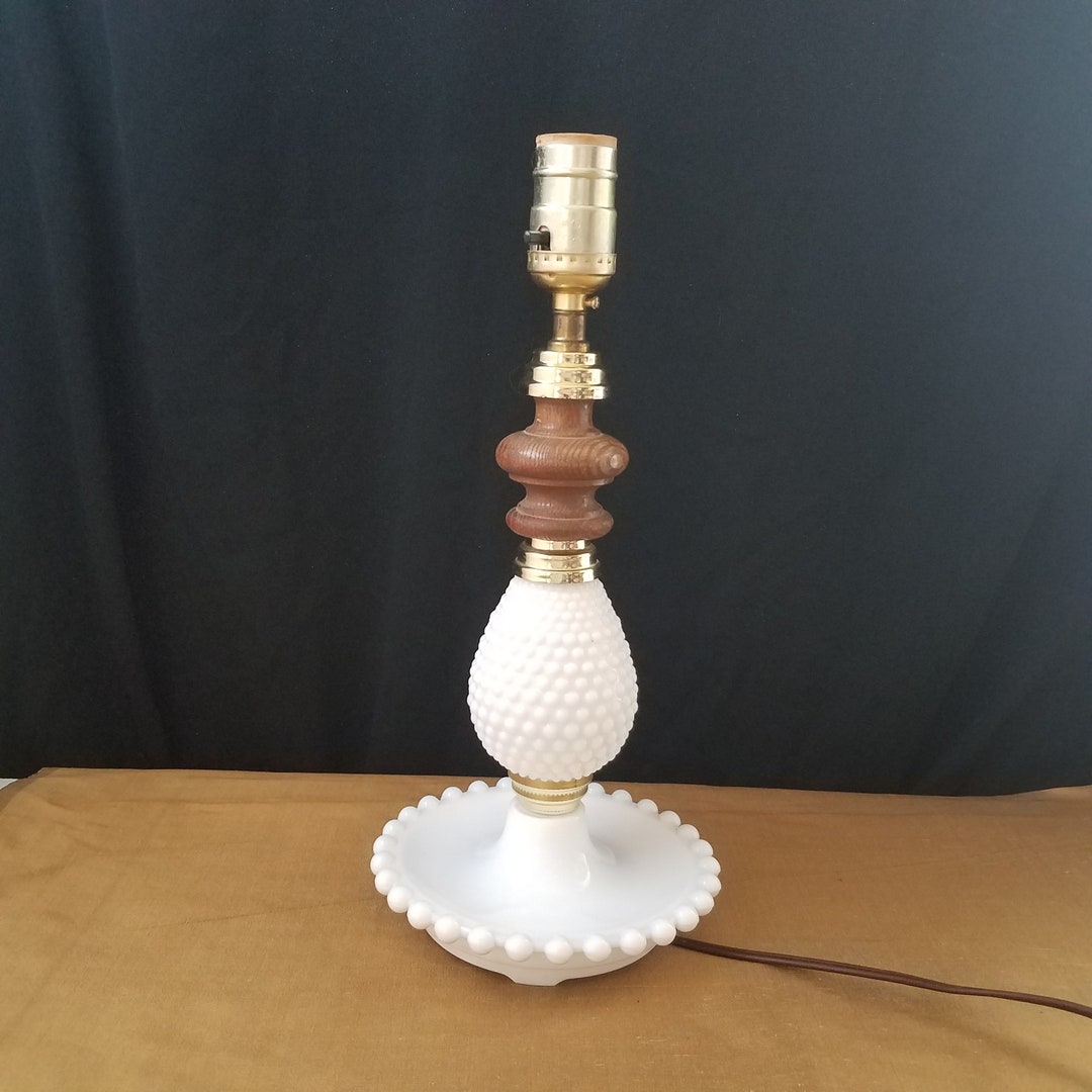 Vintage 1960s Wood and Hobnail Milk Glass Bedside Lamp With Ring Base ...