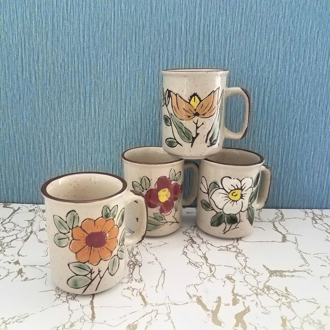 Vintage 70's Flowered Coffee Mugs, Set of 4, Stoneware Coffee Cups - Etsy
