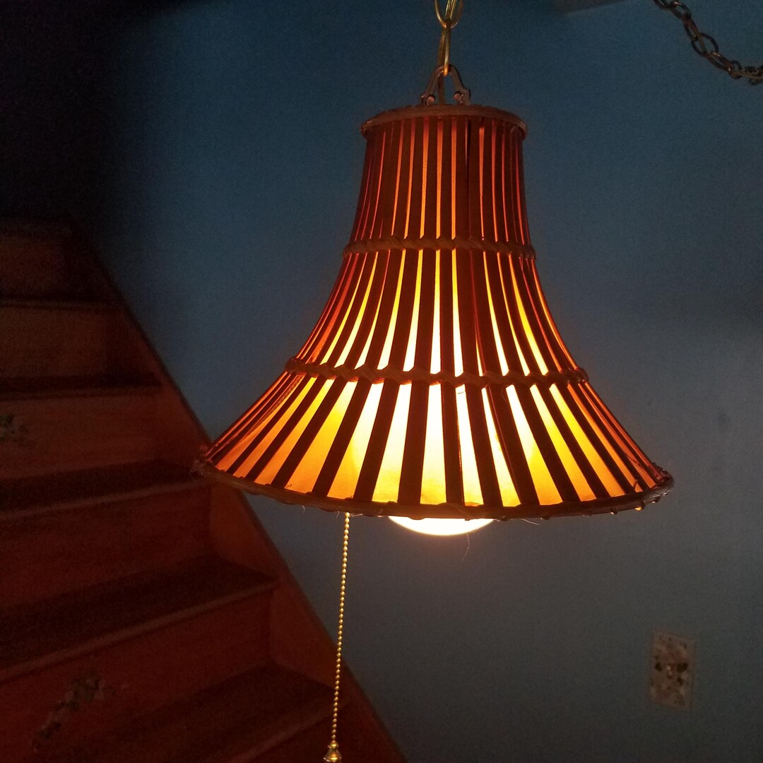 Vintage Bamboo Slat Plug in Swag Light With Pull Chain, Boho Wood ...