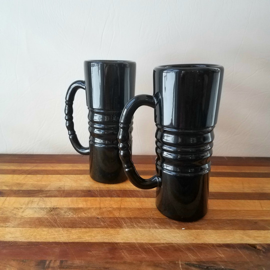 Vintage Set of 2 Black Glass Latte Mugs, Tall Black Tiara Mugs, Black ...