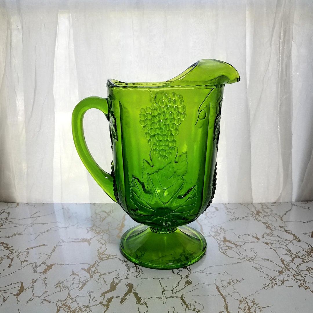 Vintage 70's Indiana Glass Green Pitcher With Grapes and Leaves, 2 ...