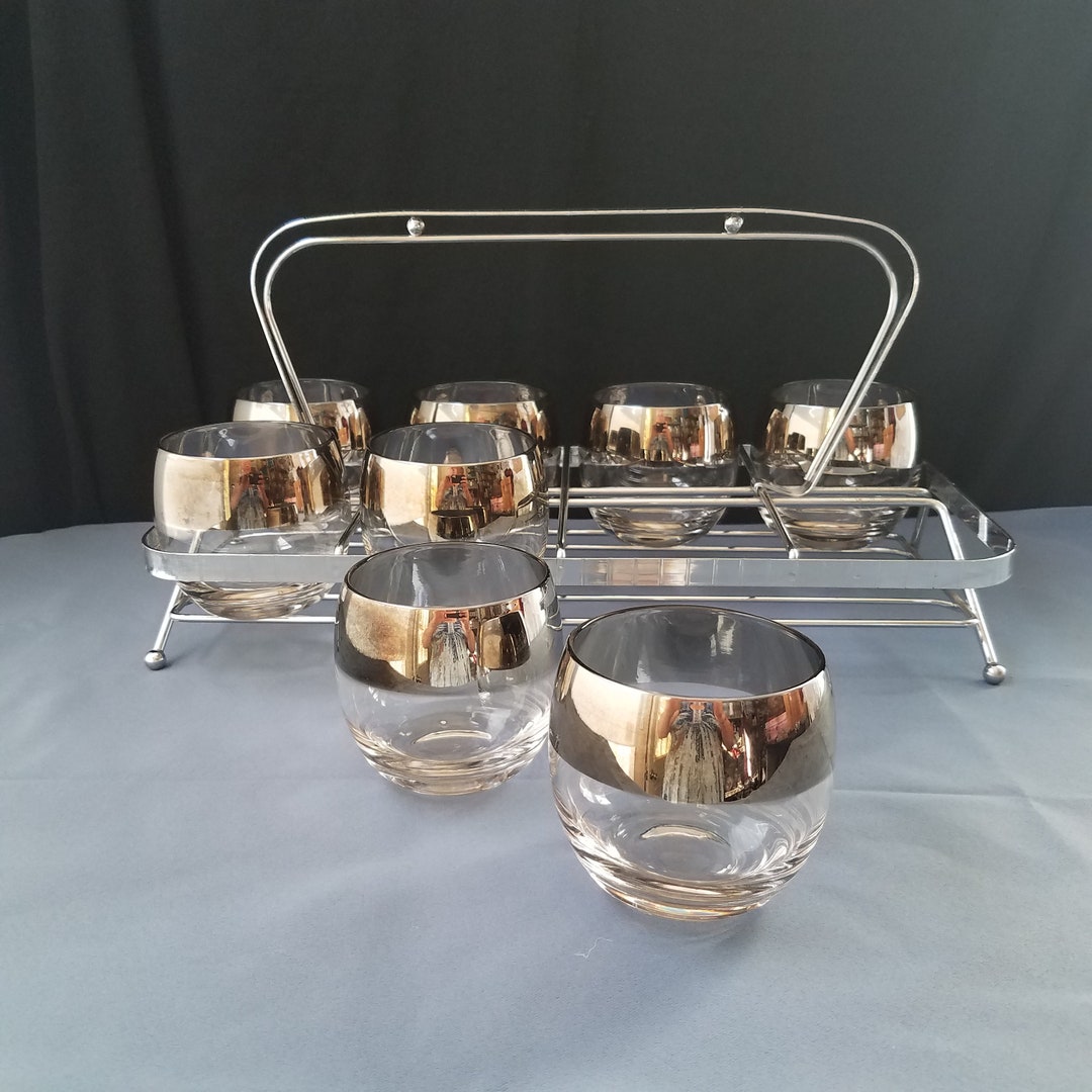 Vintage 50's Roly Poly Chrome Beverage Caddy With 8 Silver Fade Glasses ...
