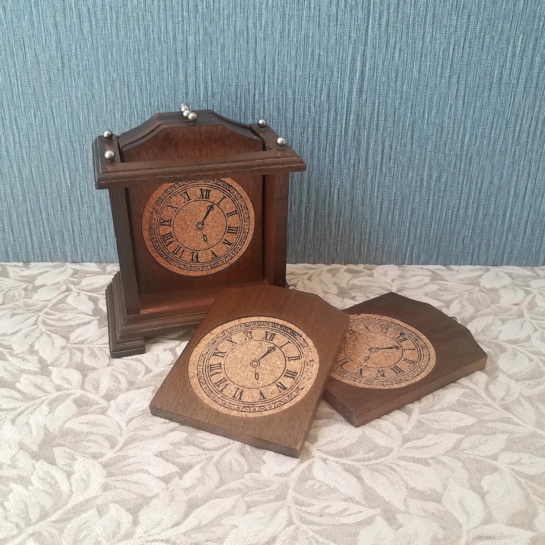 Retro 1970's Wooden Coaster Set With Caddy, 6 Wood and Cork Coasters ...